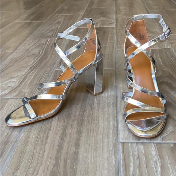H by Halston | Shoes | Halston Silver Block Heel Ankle Strap Sandals ...